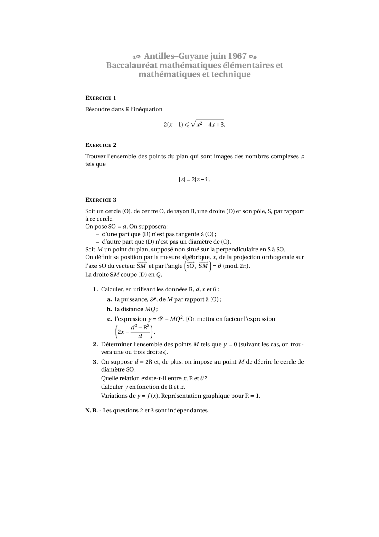 Exercices d'algèbre - mathématiques élémentaires 6 - Docsity