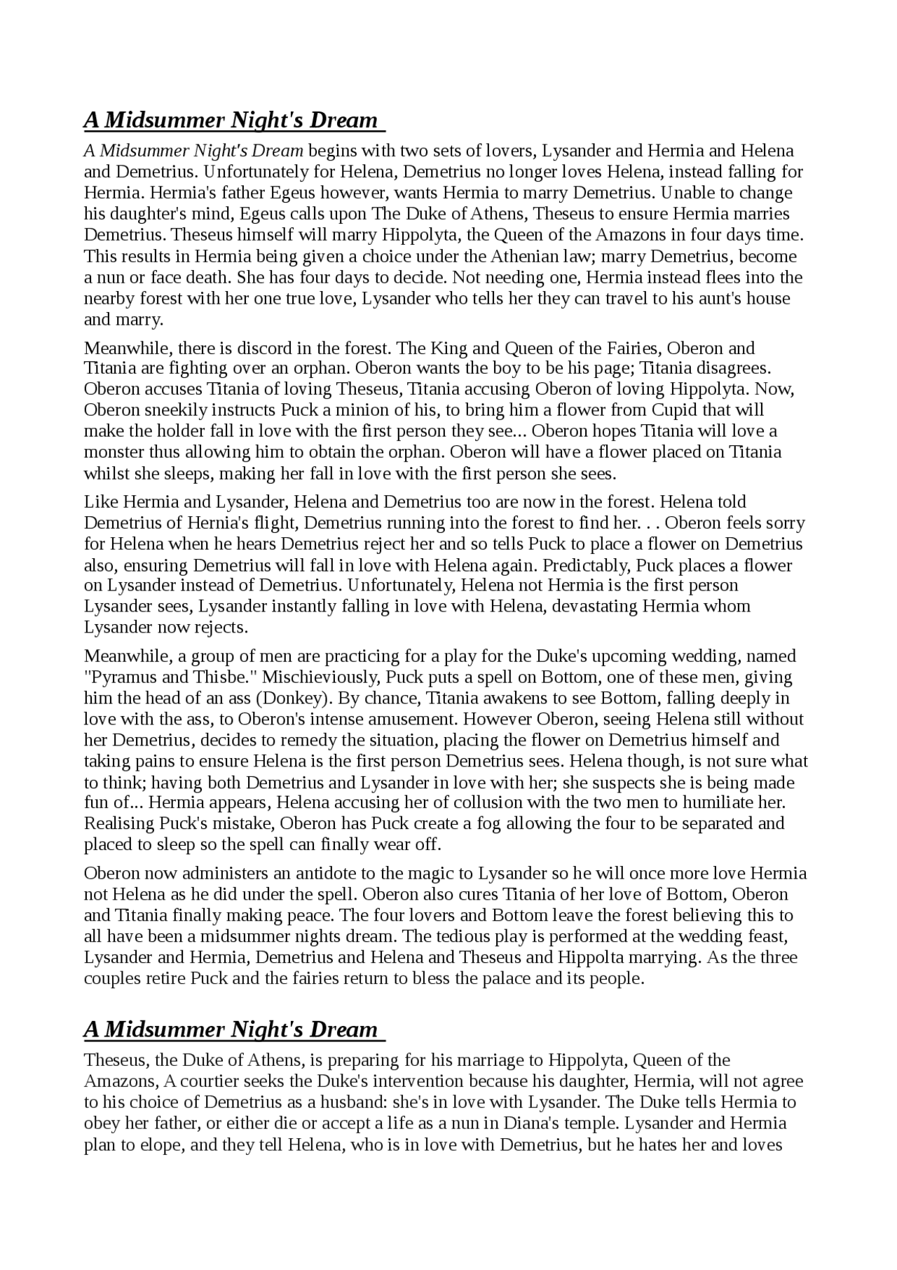 A Midsummer Night's Dream - Riassunto - Docsity