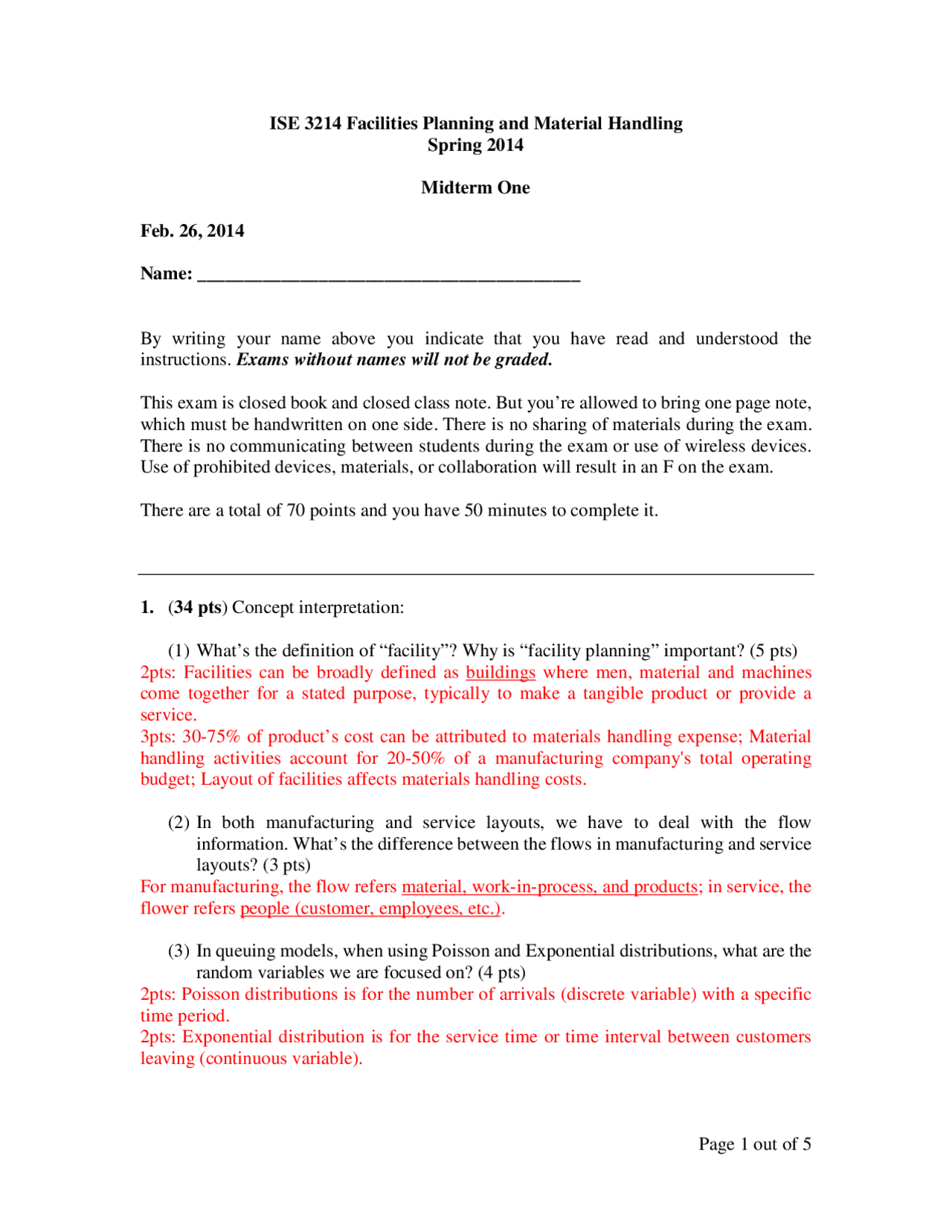 Facilities Planning And Material Handling Midterm Exam Ise 3214