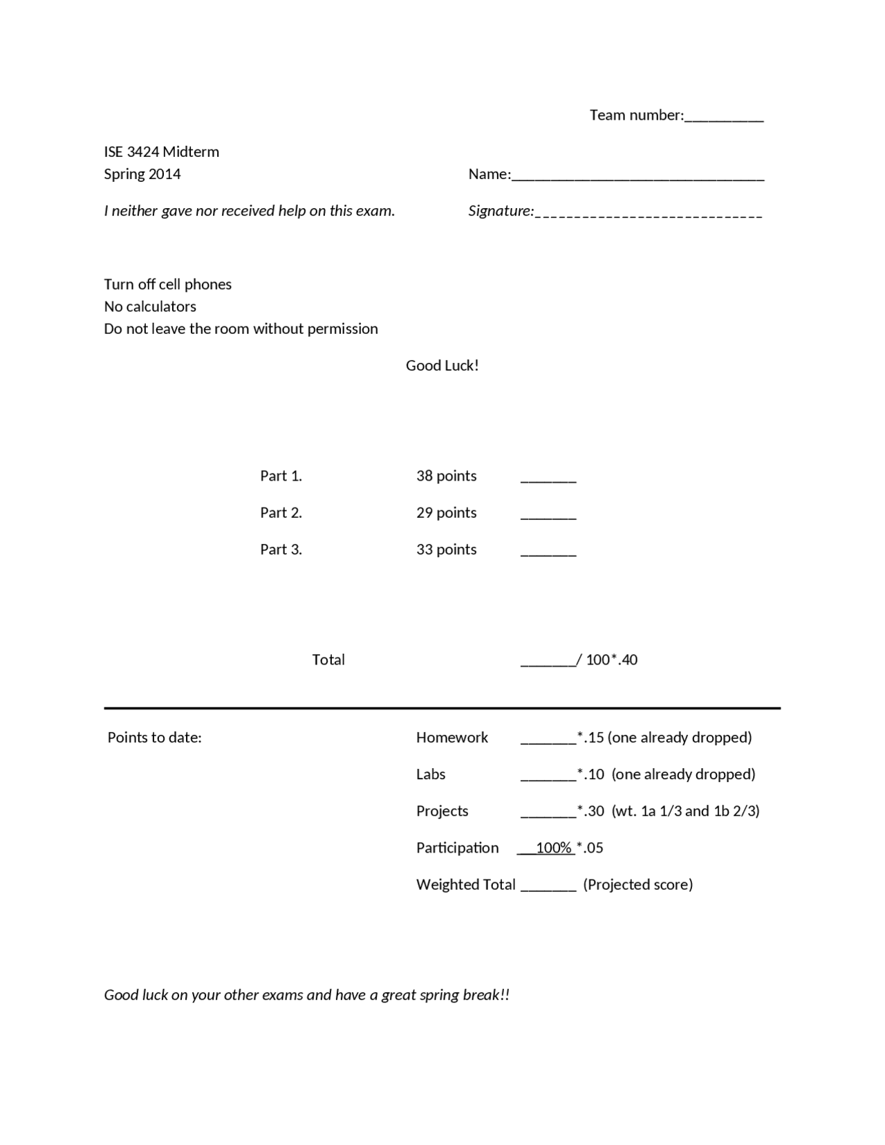 Midterm Exam Solutions | Discrete-Event Simulation - Spring 2014 | ISE 3424 - Docsity