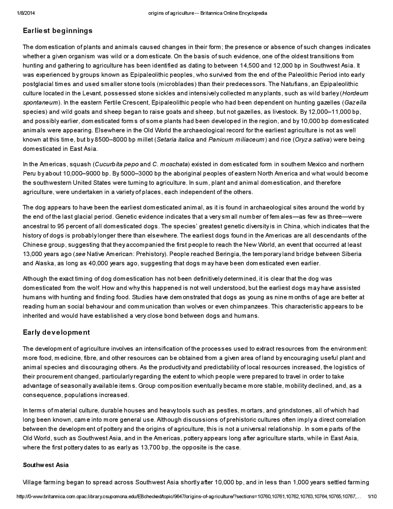 Notes on Origins of Agriculture - Britannica Online Encyclopedia | AG ...