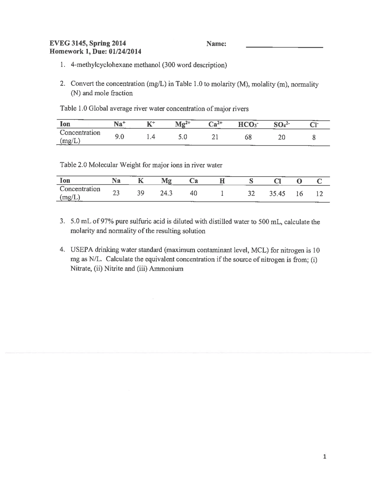 Homework 1 with Answer Key for Environmental Engineering II | EVEG 3145 ...