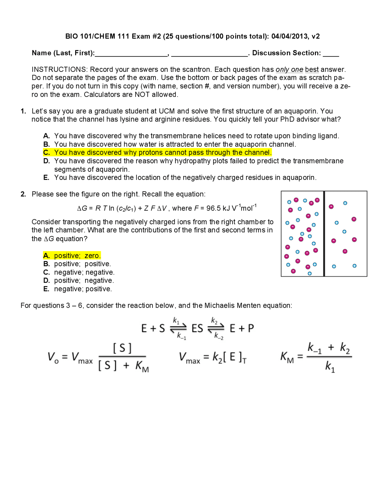 Exam 2 Questions With Solutions For Biochemistry I Bio 101 Docsity