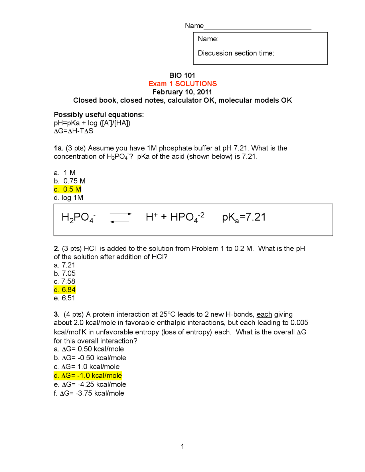 Exam 1 Solutions for Biochemistry I | BIO 101 | Exams Biochemistry ...