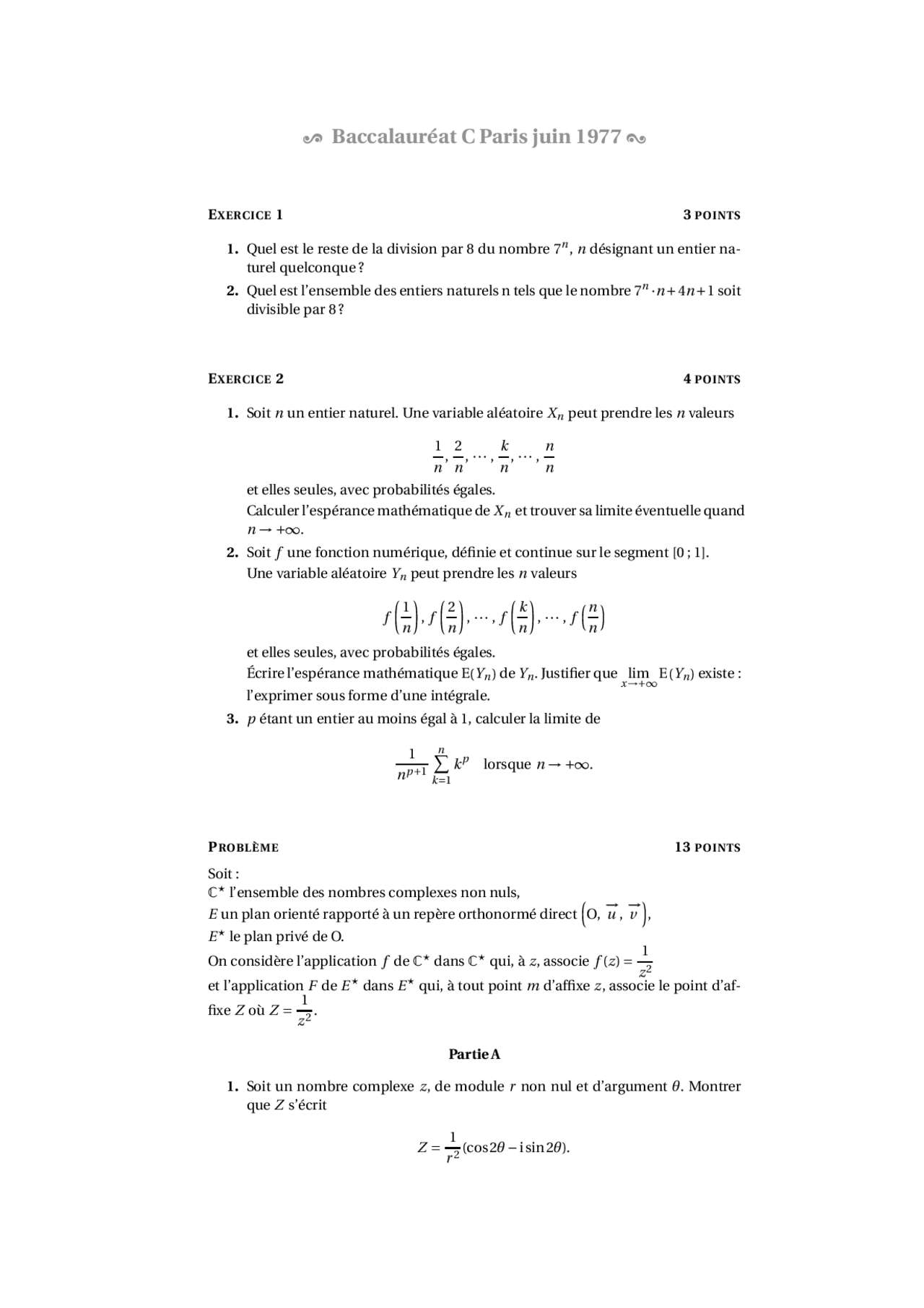 Exercices Algèbre 9 Docsity