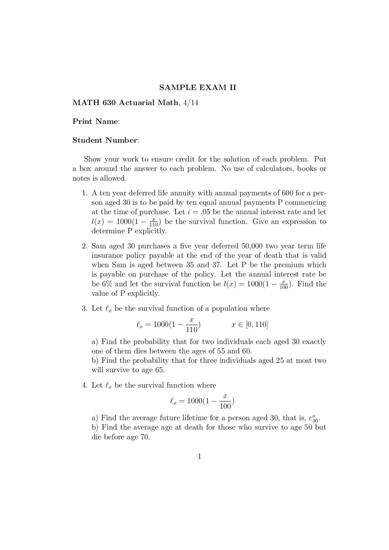 Sample Questions For Exam Ii Actuarial Mathematics Math 630 Exams