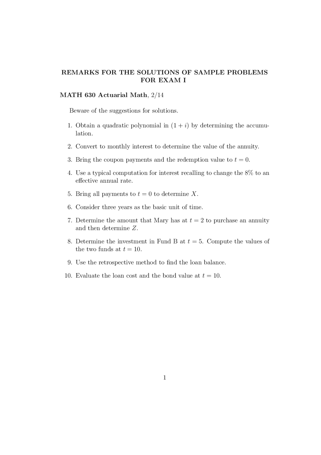 10 Sample Problems For Exam 1 Actuarial Mathematics Math 630 Docsity