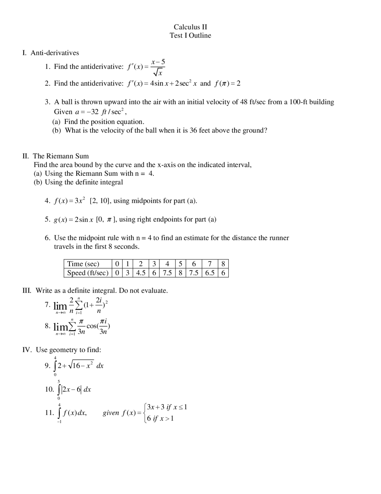 Practice Questions For Exam 1 Calculus Ii Ma 1723 Docsity