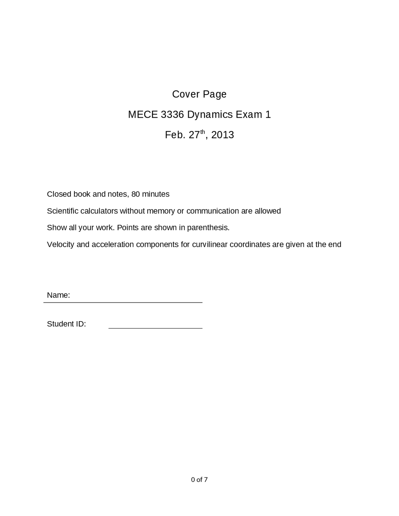 Final Exam Problems Dynamics 2013 Mece 3336 Docsity