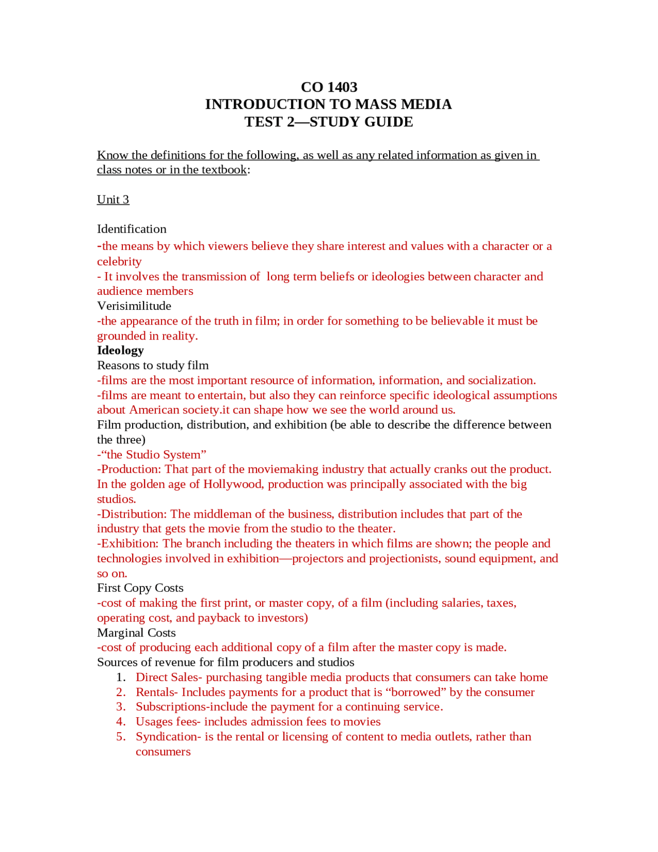 Mass Media: Test 2 Study Guide - Unit 3 and 4 - Prof. Glenn Smith,Jr ...