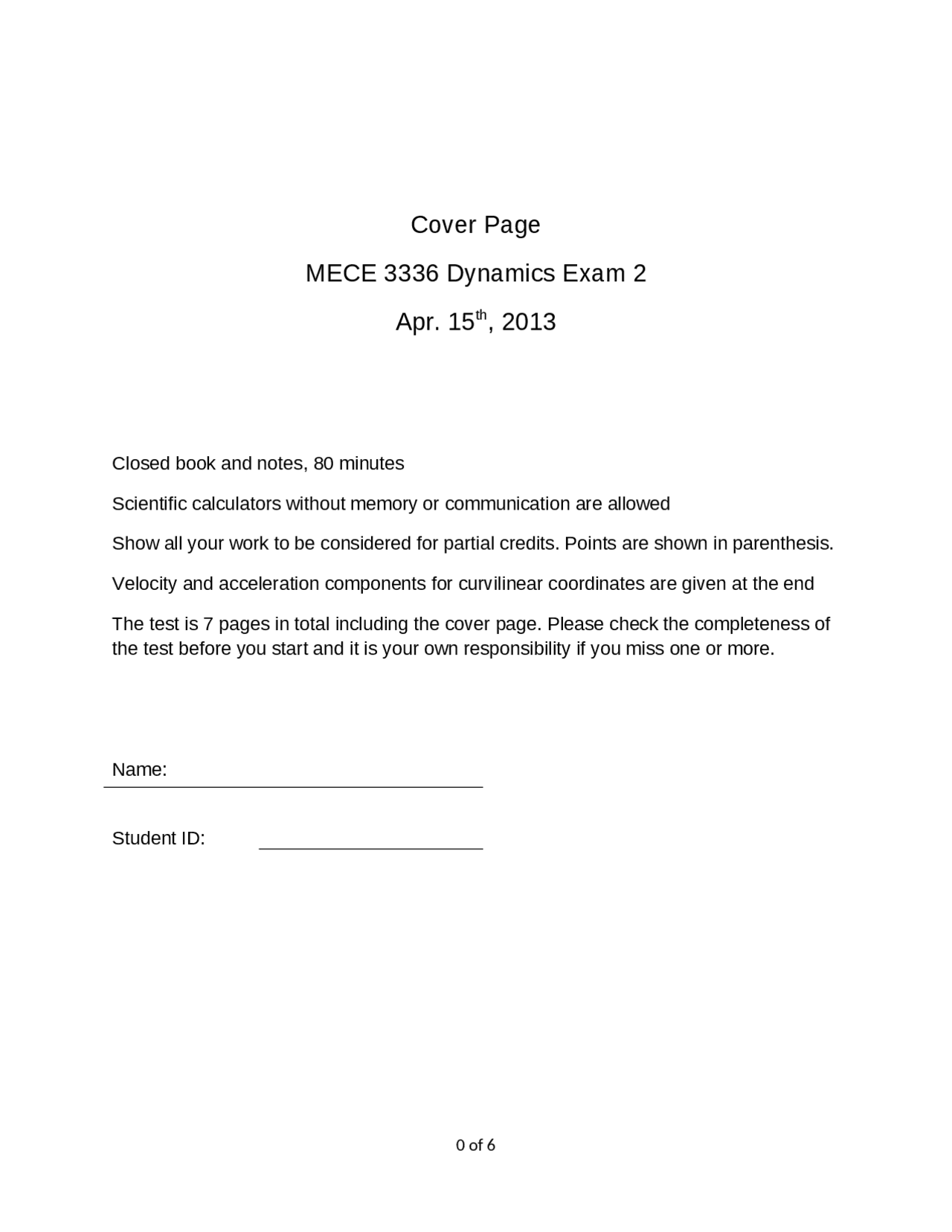 Dynamics Exam 2 | Mechanics II | MECE 3336 - Docsity