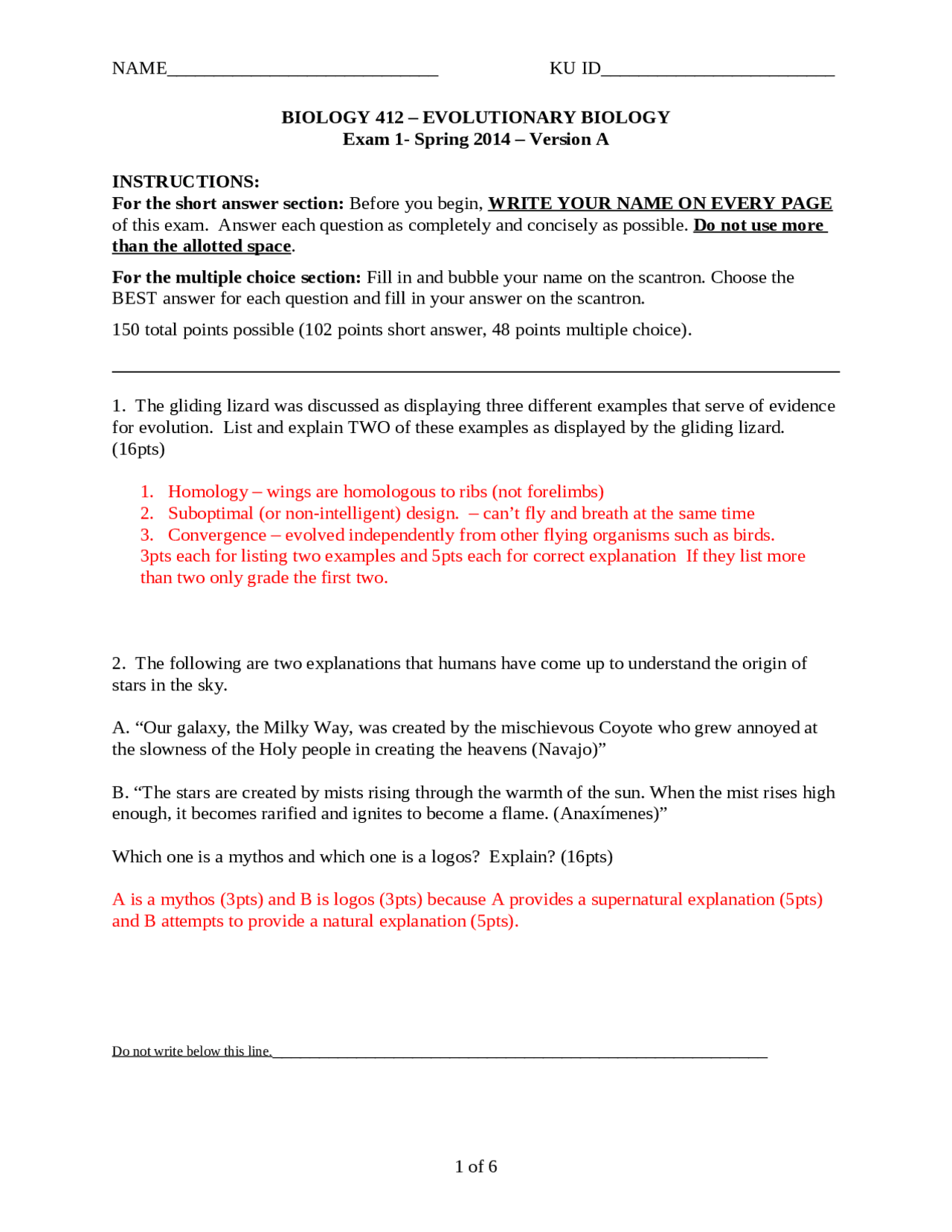 Notes 6 Solved Questions on Evolutionary Biology - Exam 1 | BIOL 412 ...