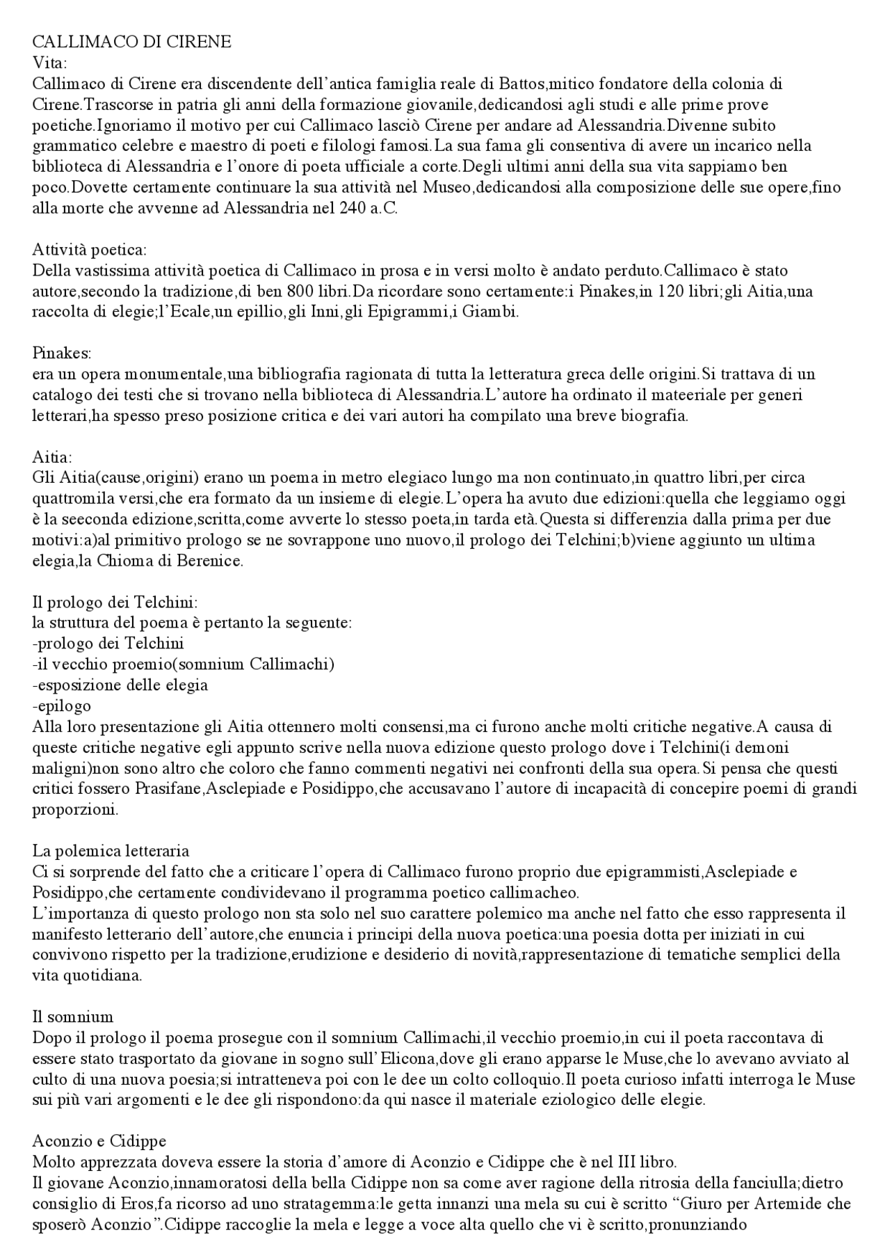 Callimaco Di Cirene Appunti Di Greco Antico Docsity