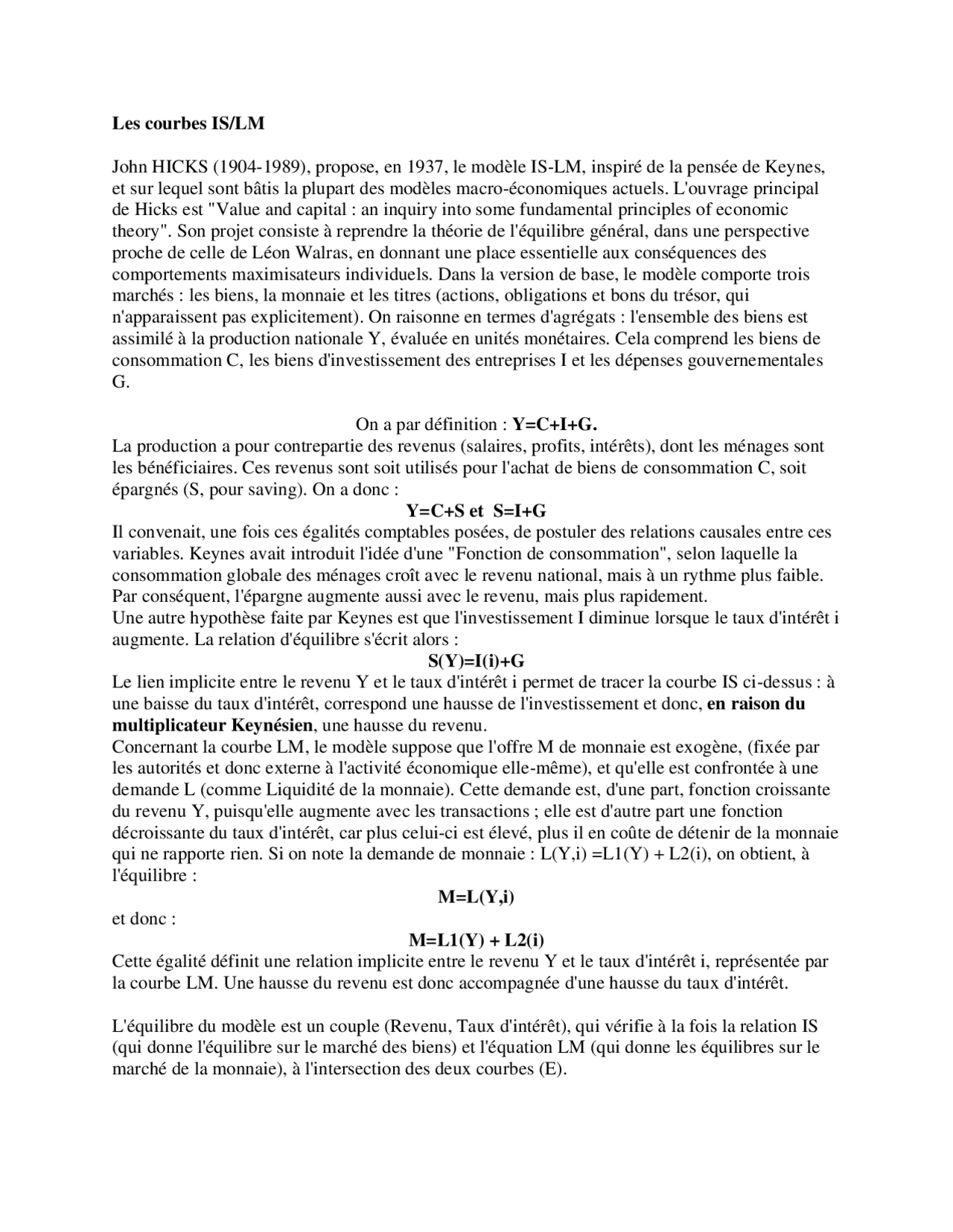 Macro économie Courbes Is Lm Notes Introduction à La Macroéconomie