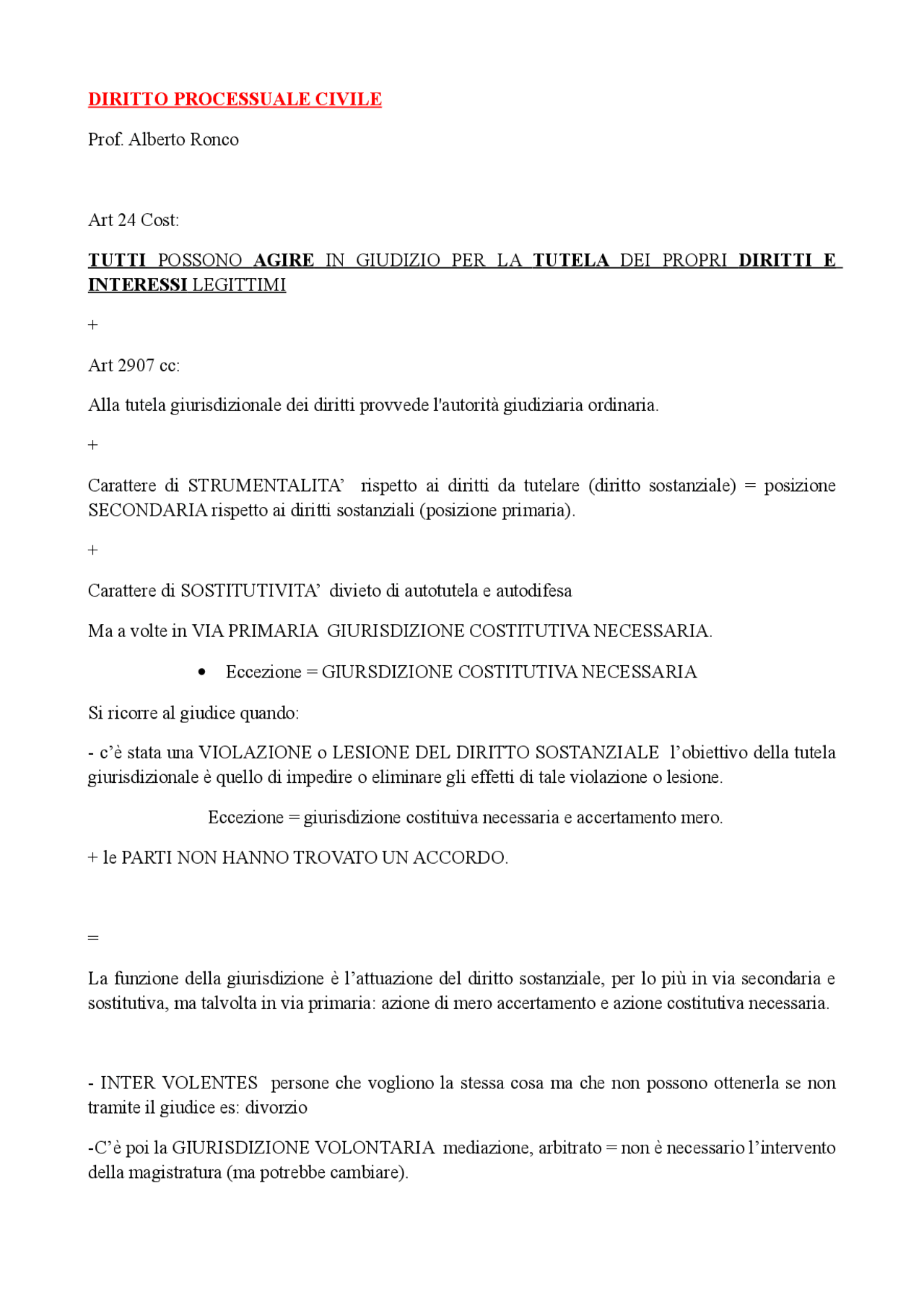 Appunti Lezioni Diritto Processuale I Prof Ronco Unito Docsity