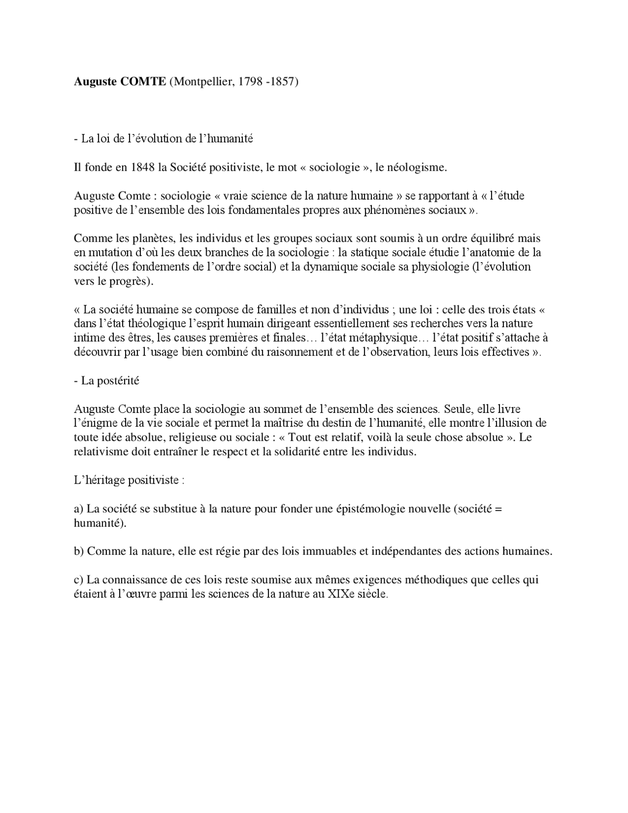 Notes Sur La Théorie De Auguste Comte Docsity
