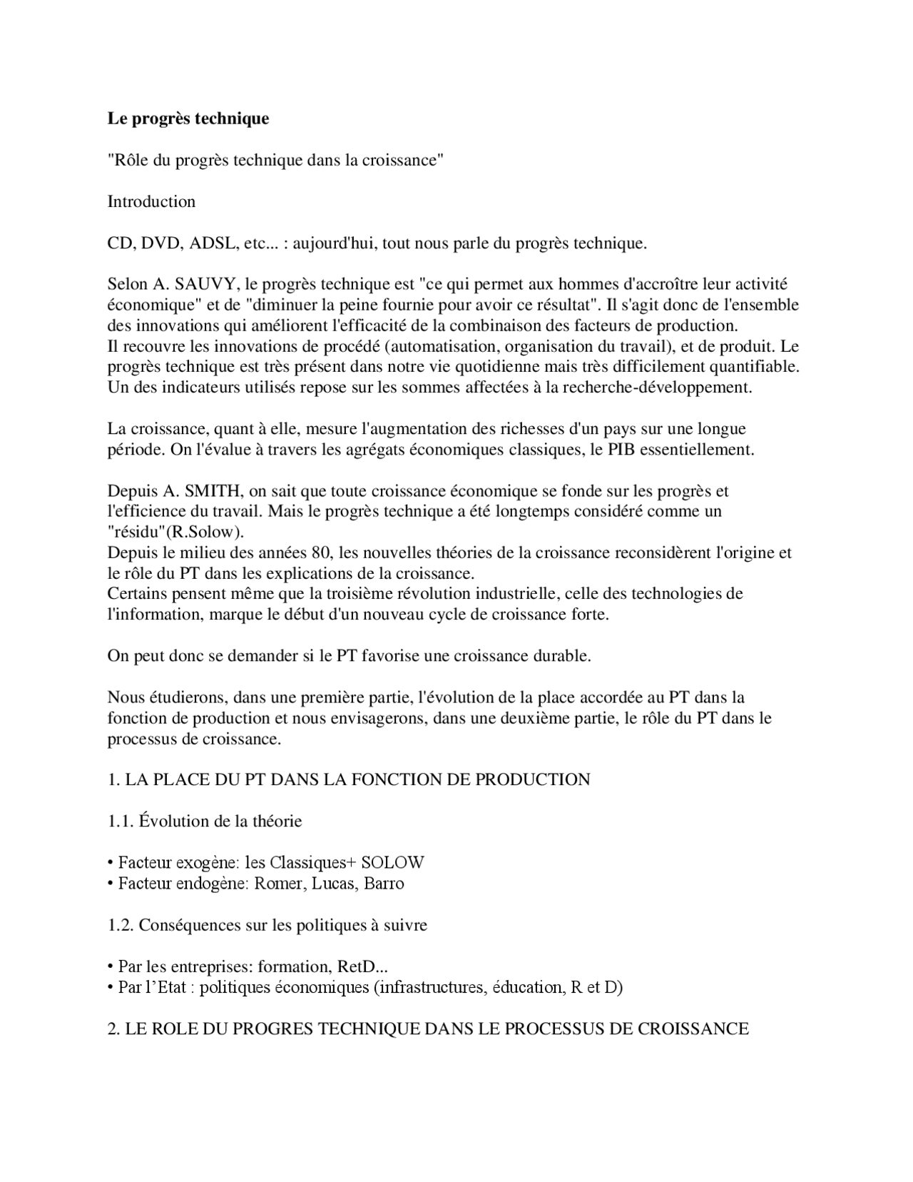 Sciences économiques - Progrès technique - Docsity