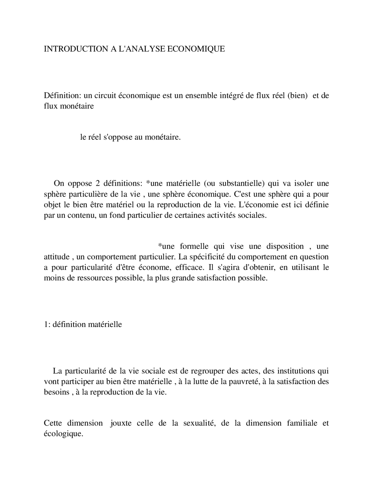 Notes sur l'analyse économique - 1° partie - Docsity