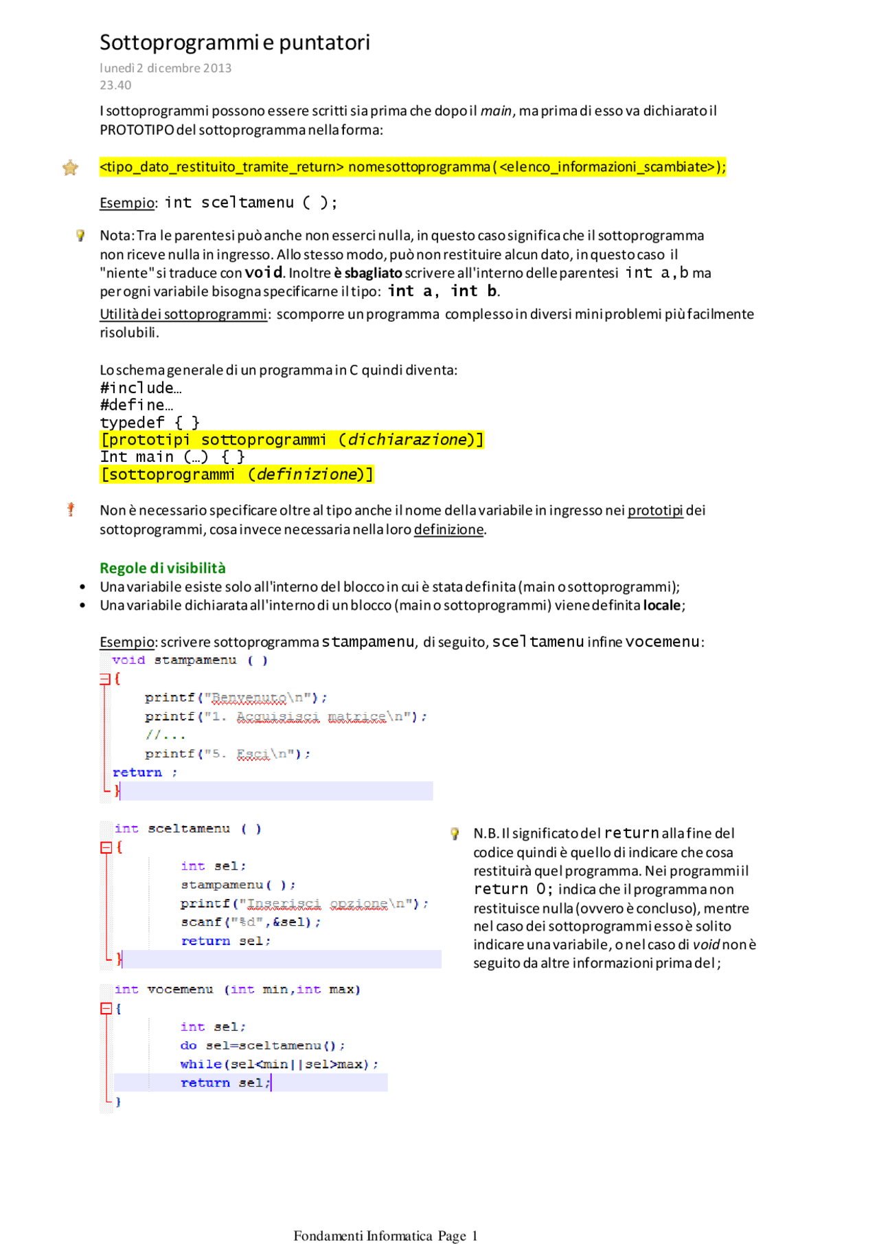 Appunti su Sottoprogrammi e puntatori - Programmazione C | Appunti di Elementi di Informatica ...