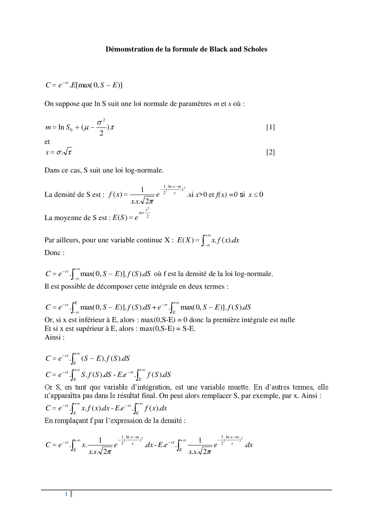 Notes sur la démonstration de la formule de Black and Scholes | Notes ...