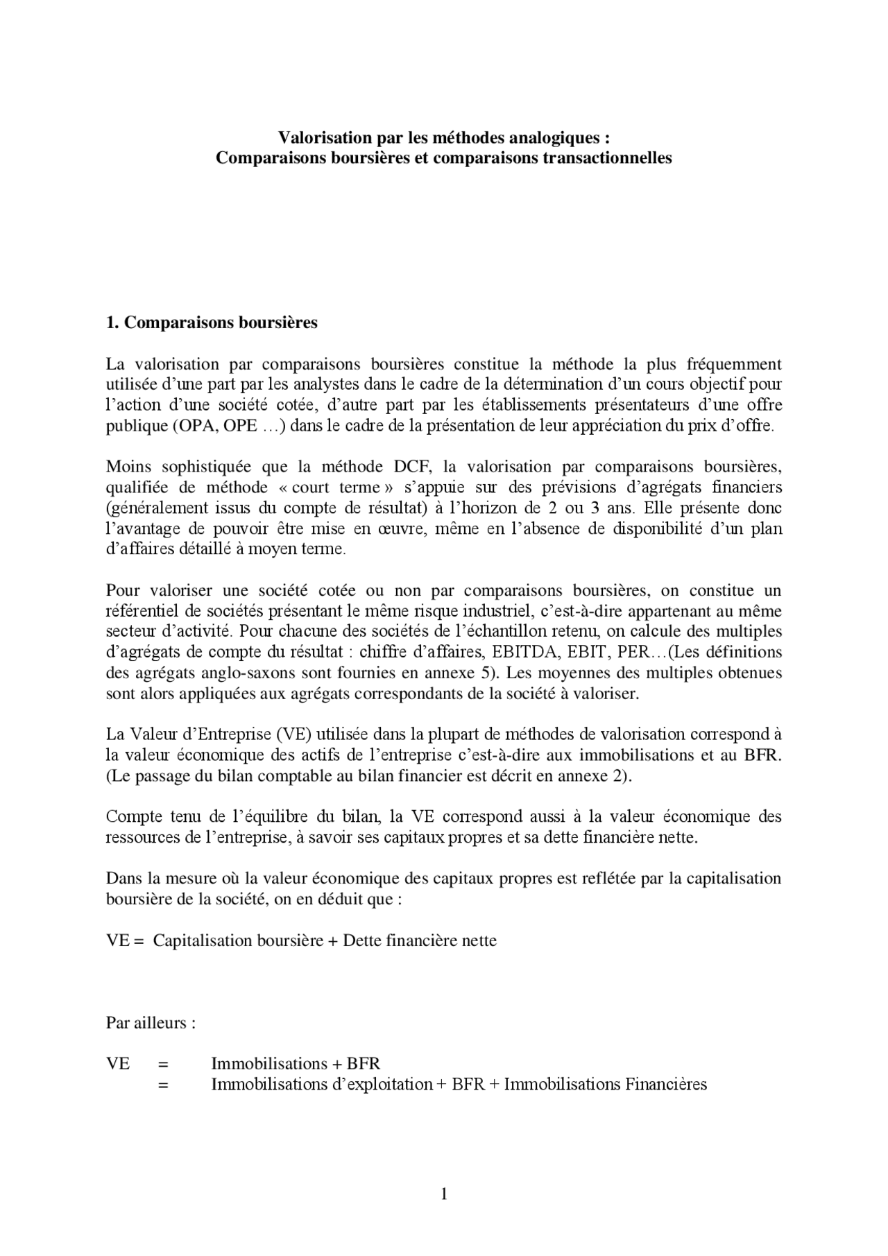 Notes Sur La Valorisation Par Les Méthodes Analogiques Docsity