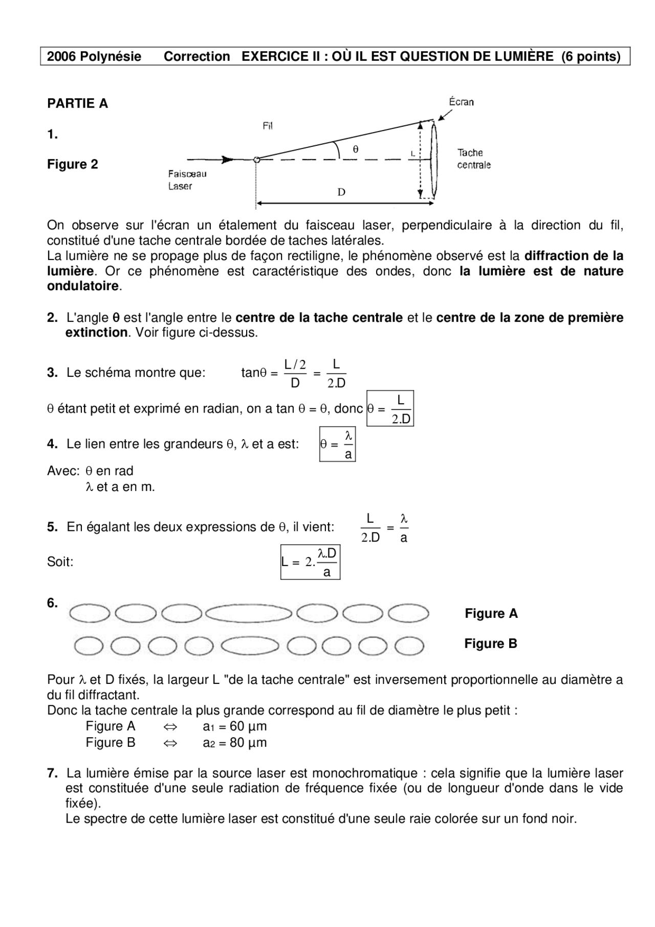 Contrôle sur la question de la lumière - correction - Docsity