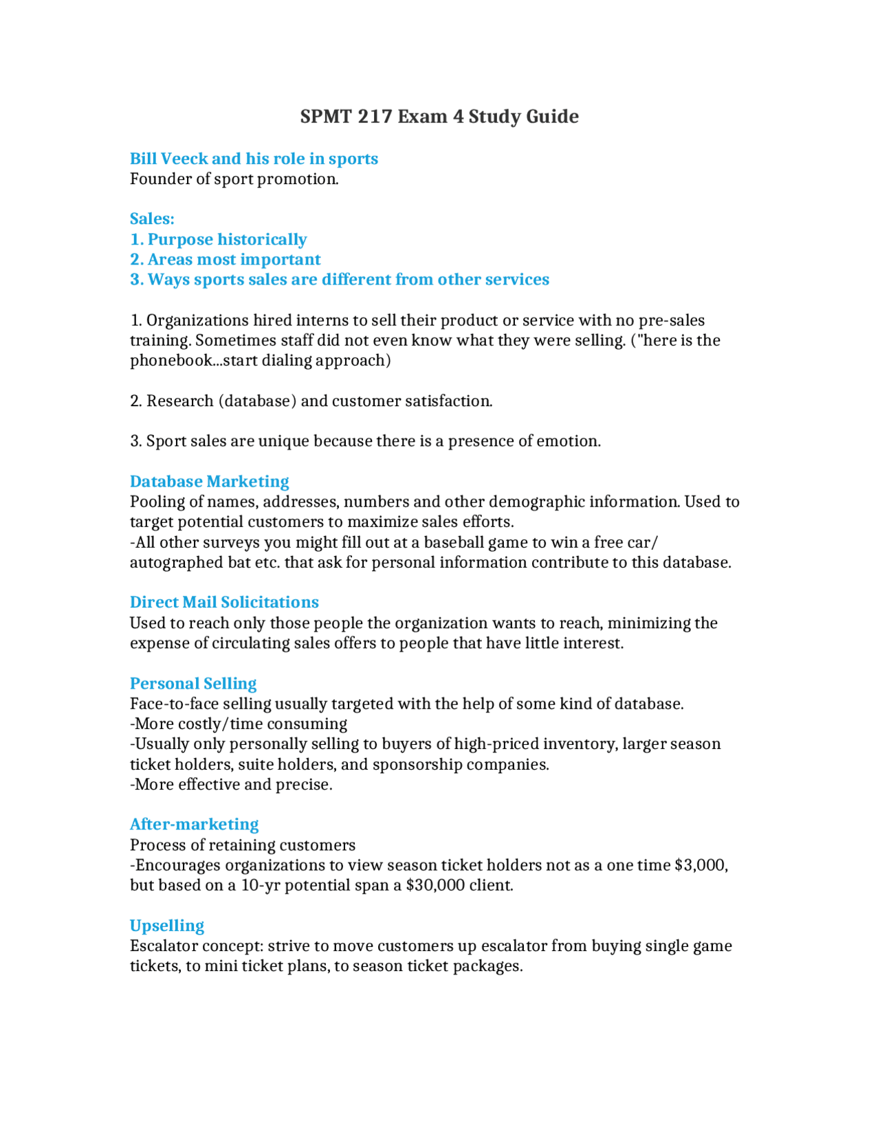 Foundation of Sport Management - Exam 4 Study Guide | SPMT 217 - Docsity