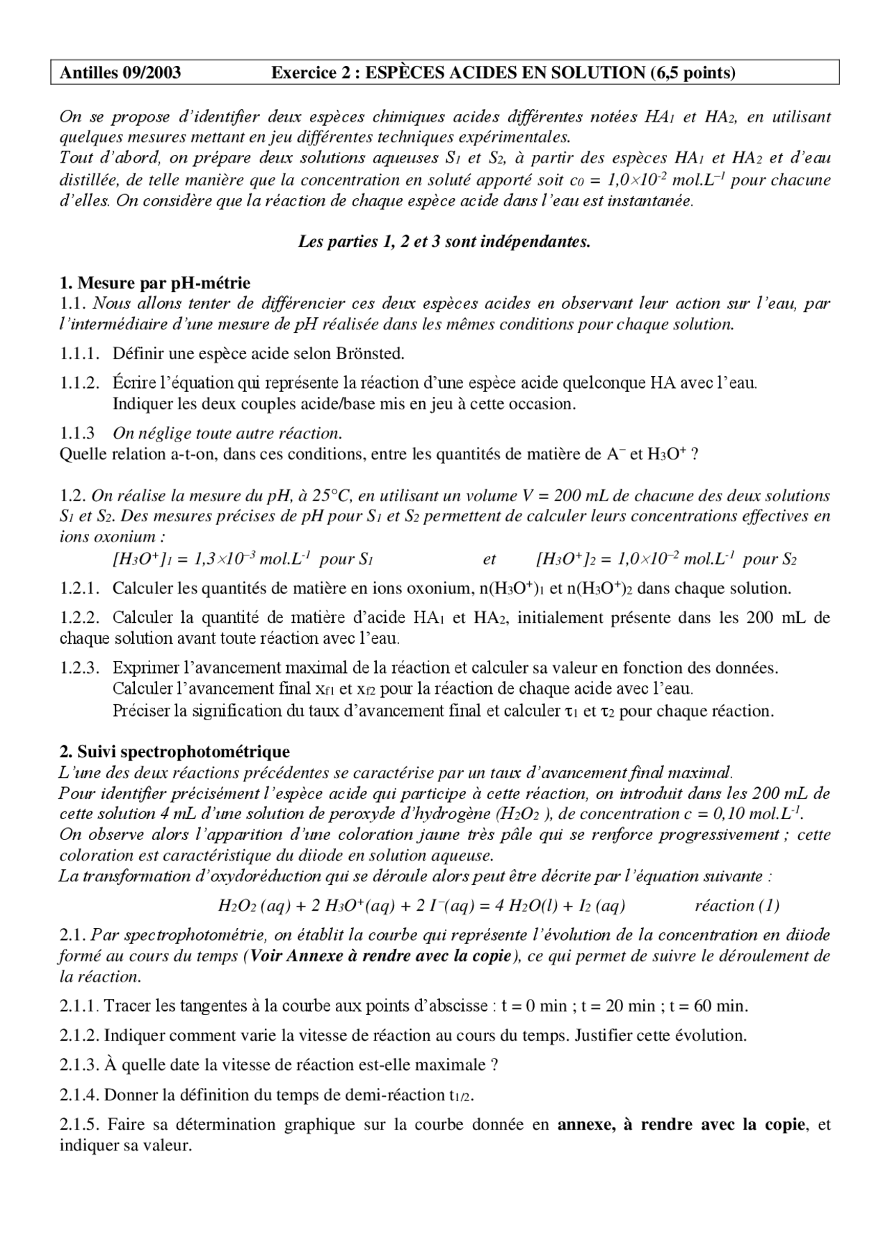 Chimie Exercitation Sur Les Espèces Acides En Solution Docsity