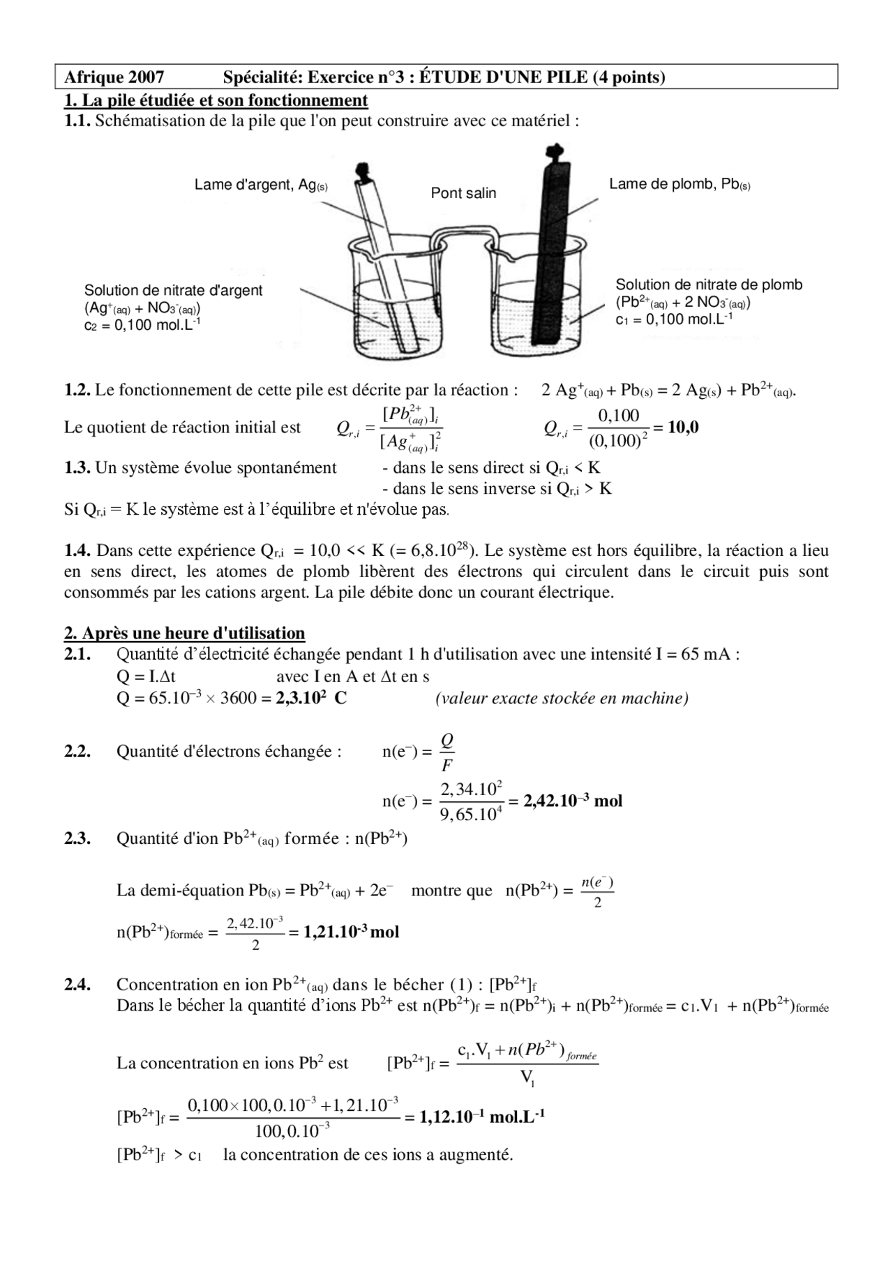Exercices sur l'étude d'une pile - corrigé | Exercices Chimie | Docsity