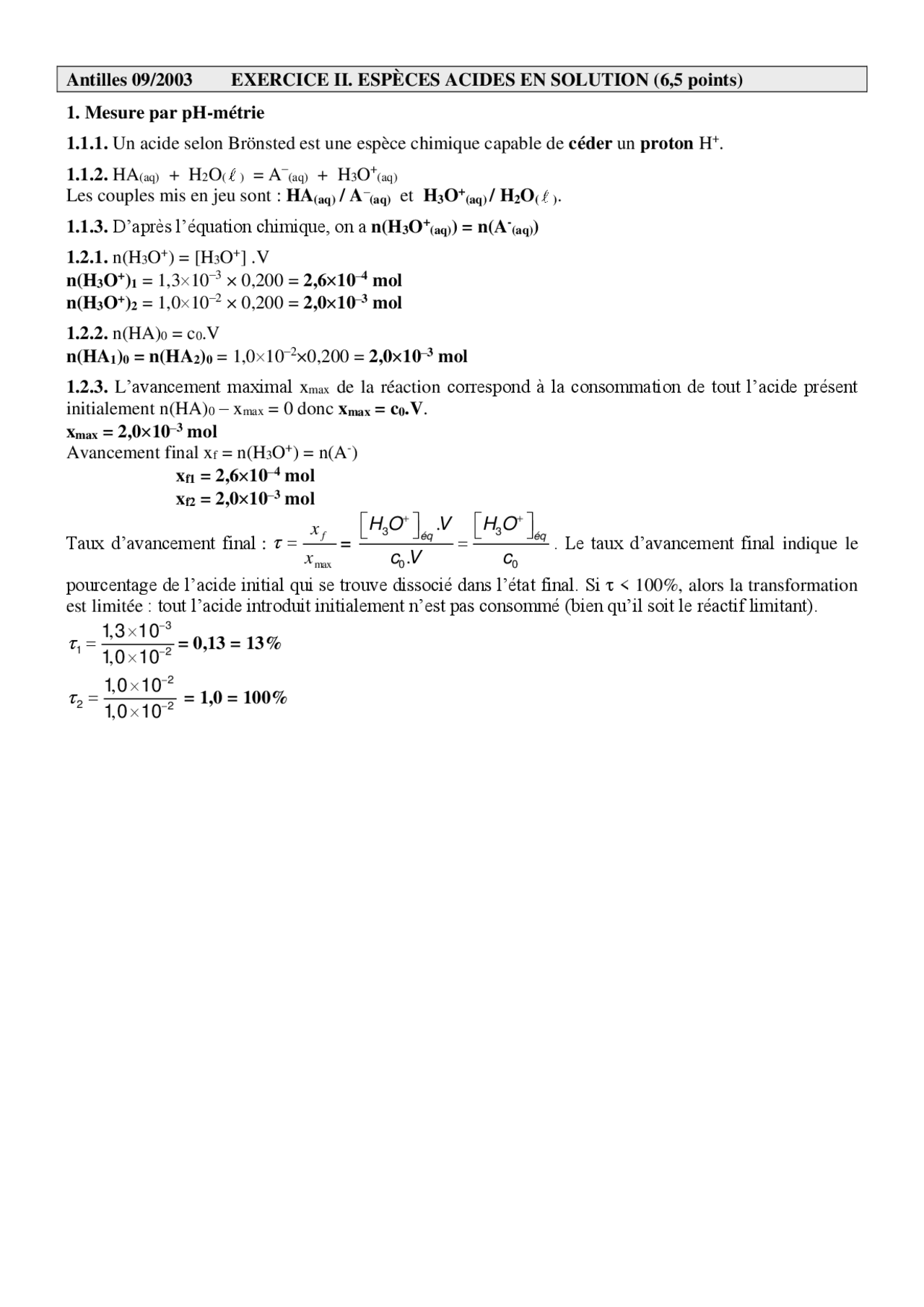 Chimie Exercictation Sur Les Espèces Acides En Solution Correction