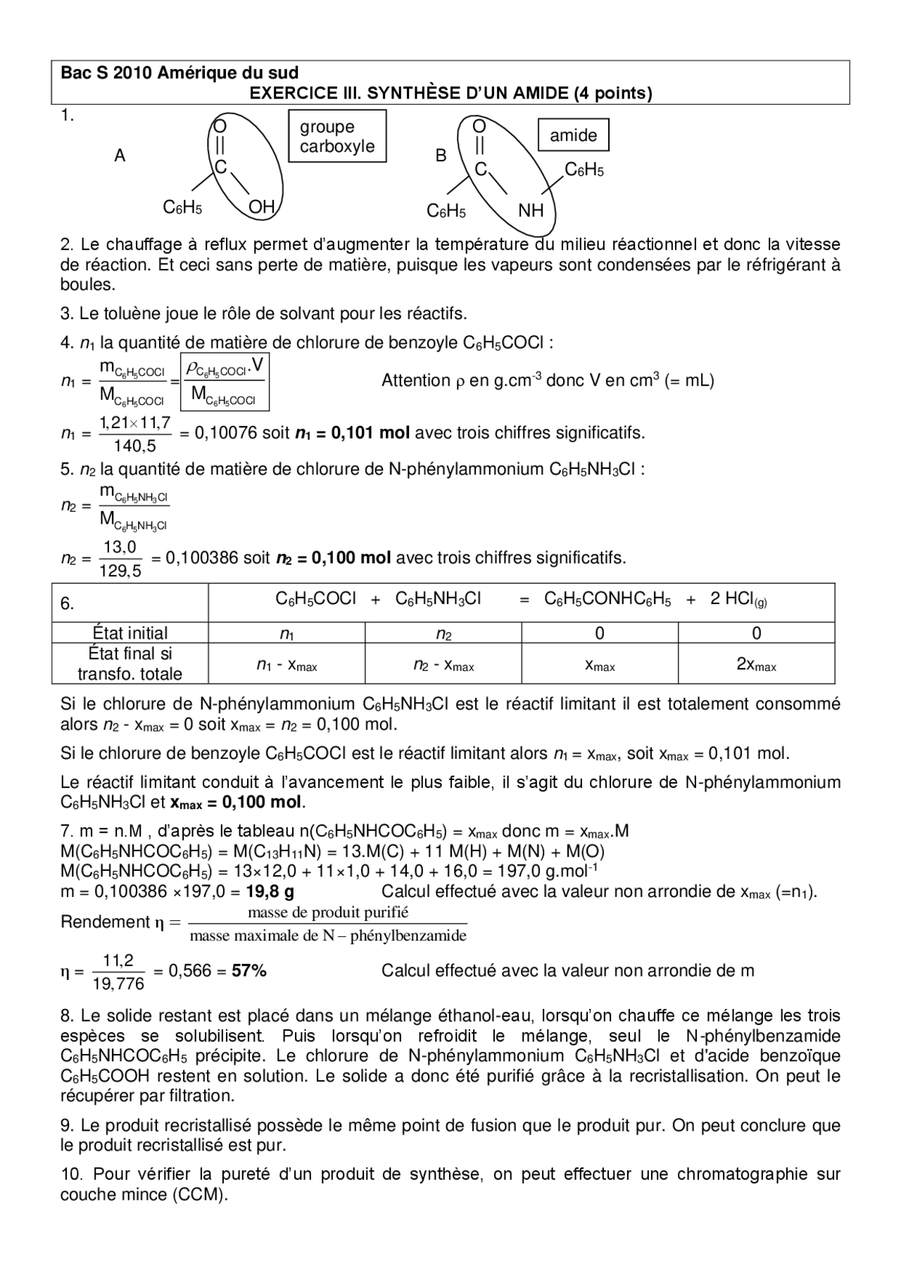 Exercices Sur La Synthèse Dun Amide Correction Exercices Chimie