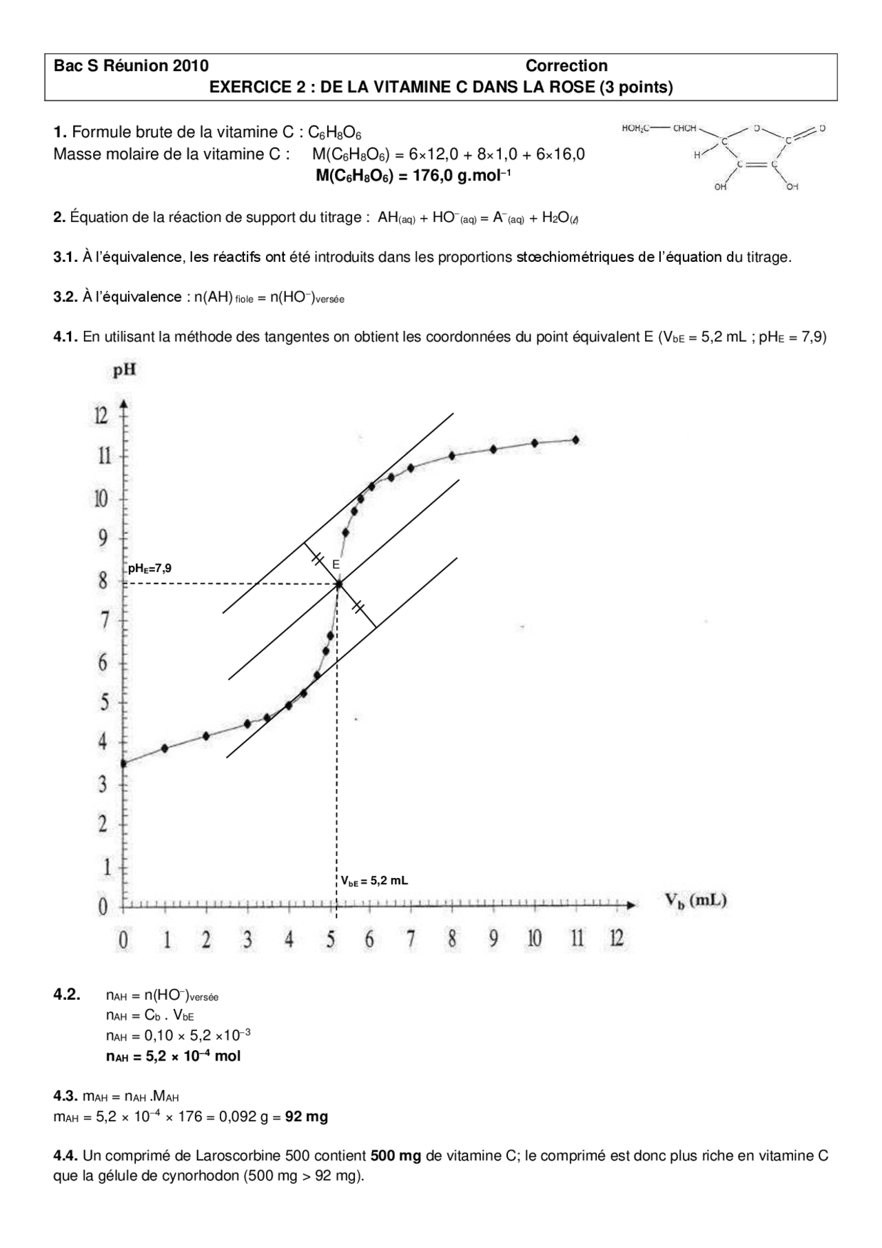 Chimie Exercitation Sur La Vitamine C Dans La Rose Correction Docsity