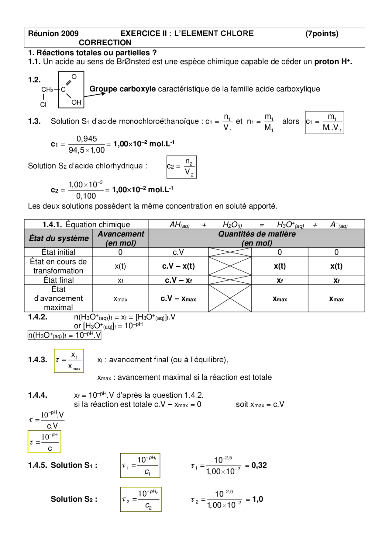 Chimie Examen Lélément Chlore Correction Docsity