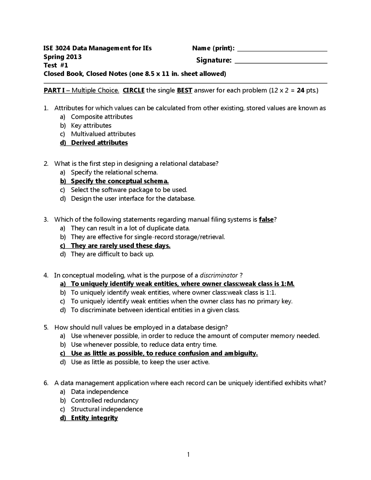 Test 1 Questions with Answer Key - Data Management for IEs | ISE 3024 ...