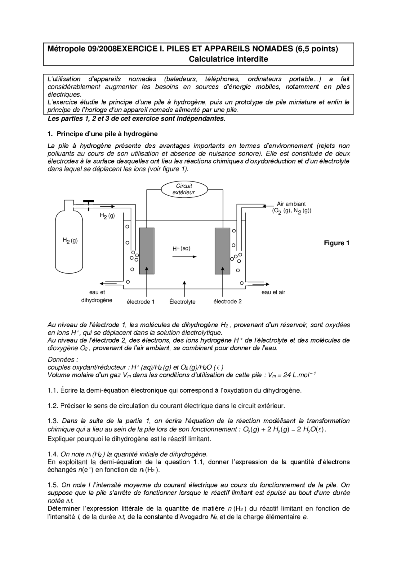 Exercices de chimie sur les piles et appareils nomades - Docsity