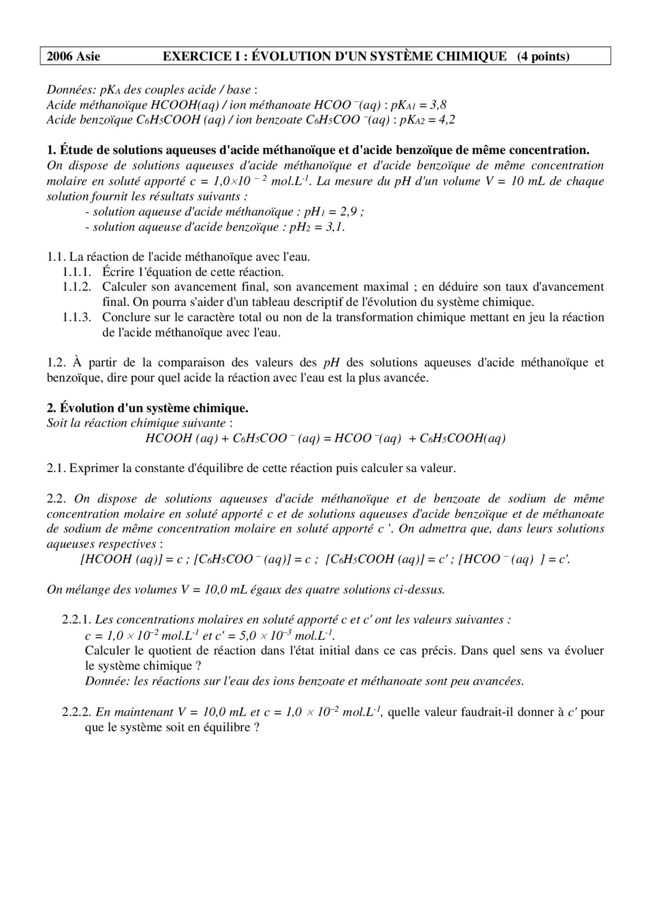 Chimie Exercices Sur Lévolution Dun Système Chimique Exercises