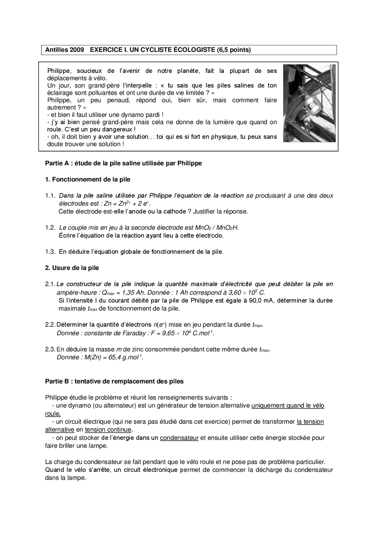 Exercices De Chimie Sur Le Cycliste écologiste Docsity