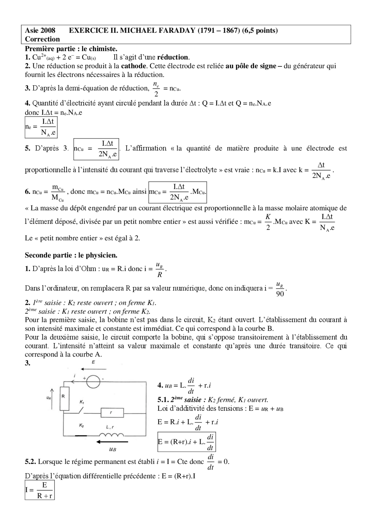Exercices De Chimie Sur Michael Faraday Correction Docsity