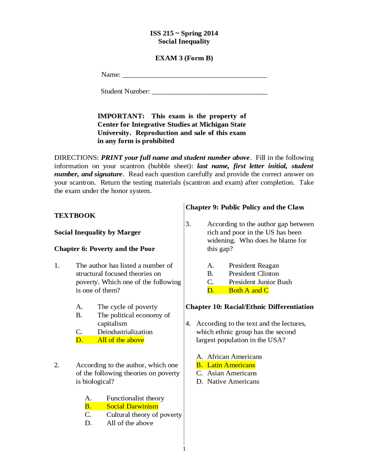 Solved Exam 3 Social Difference And Inequality Iss 215 Docsity