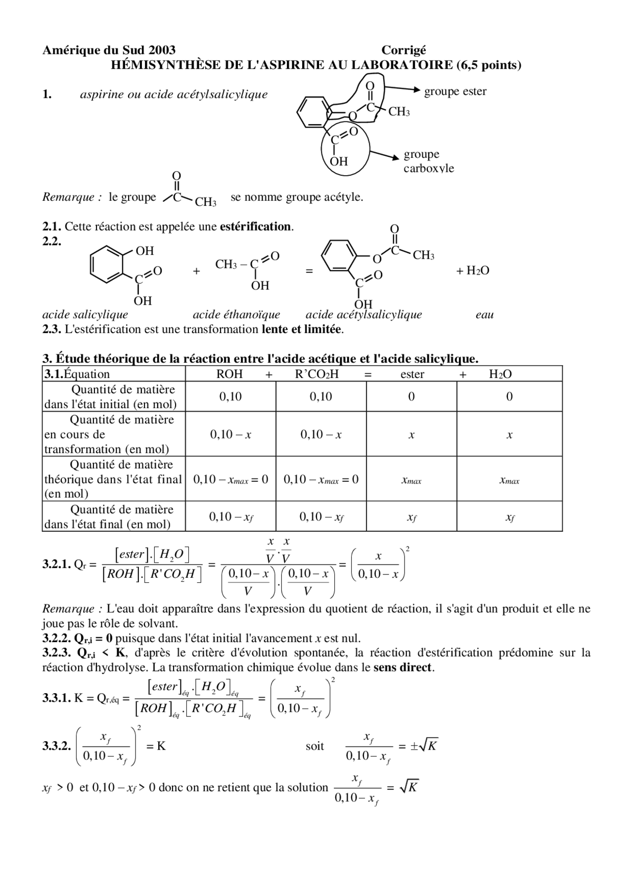 Exercices - biochimie - l'hémisynthèse de l'aspirine au laboratoire - correction - Docsity