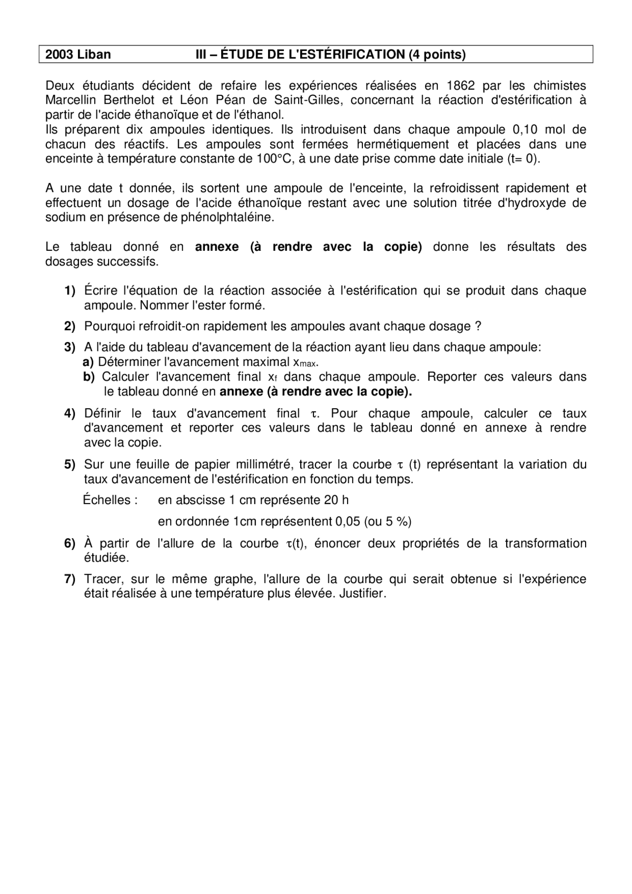 Exercices Biochimie Létude De Lestérification Docsity