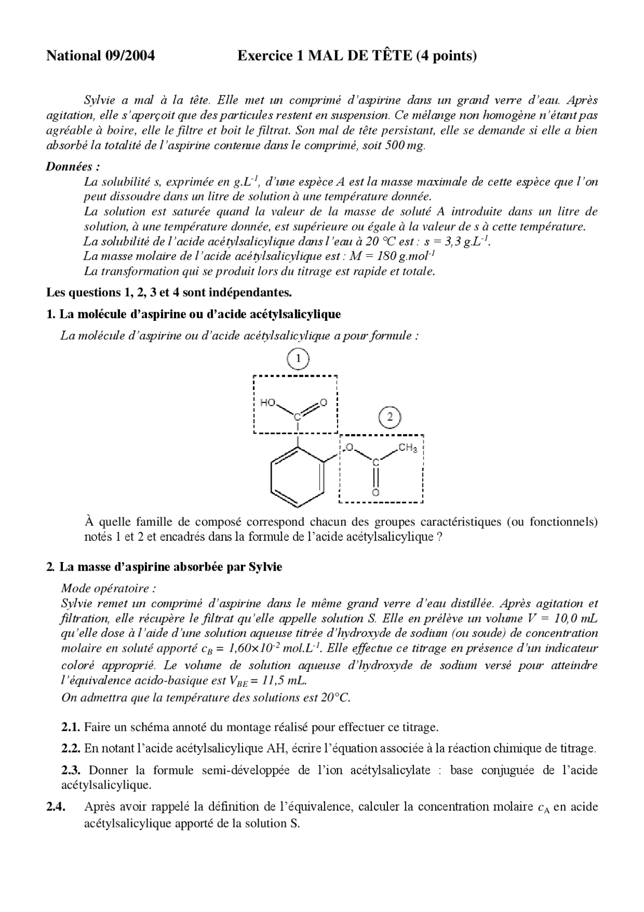 Exercices Biochimie Mal De Tête Docsity