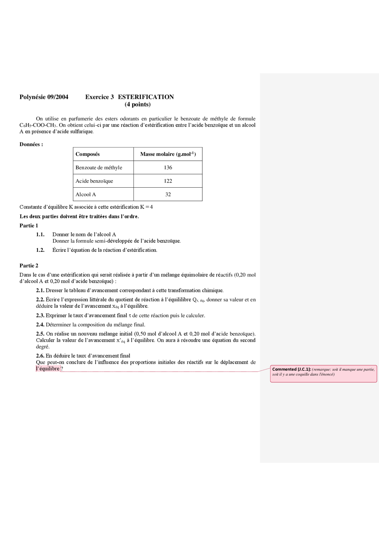 Exercices Biochimie Lestérification Docsity