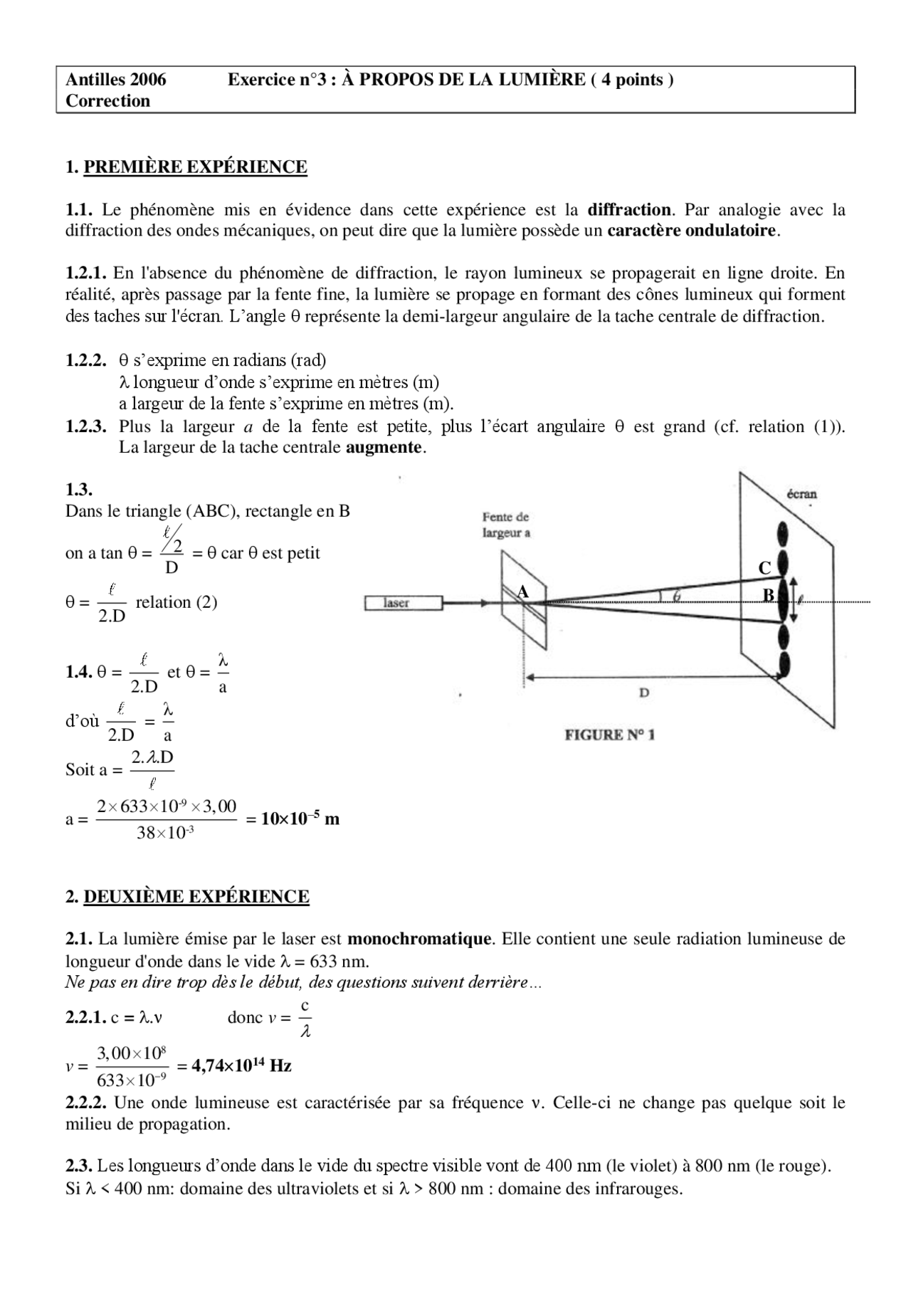 Science physisques - exercitation sur la lumière - correction - Docsity