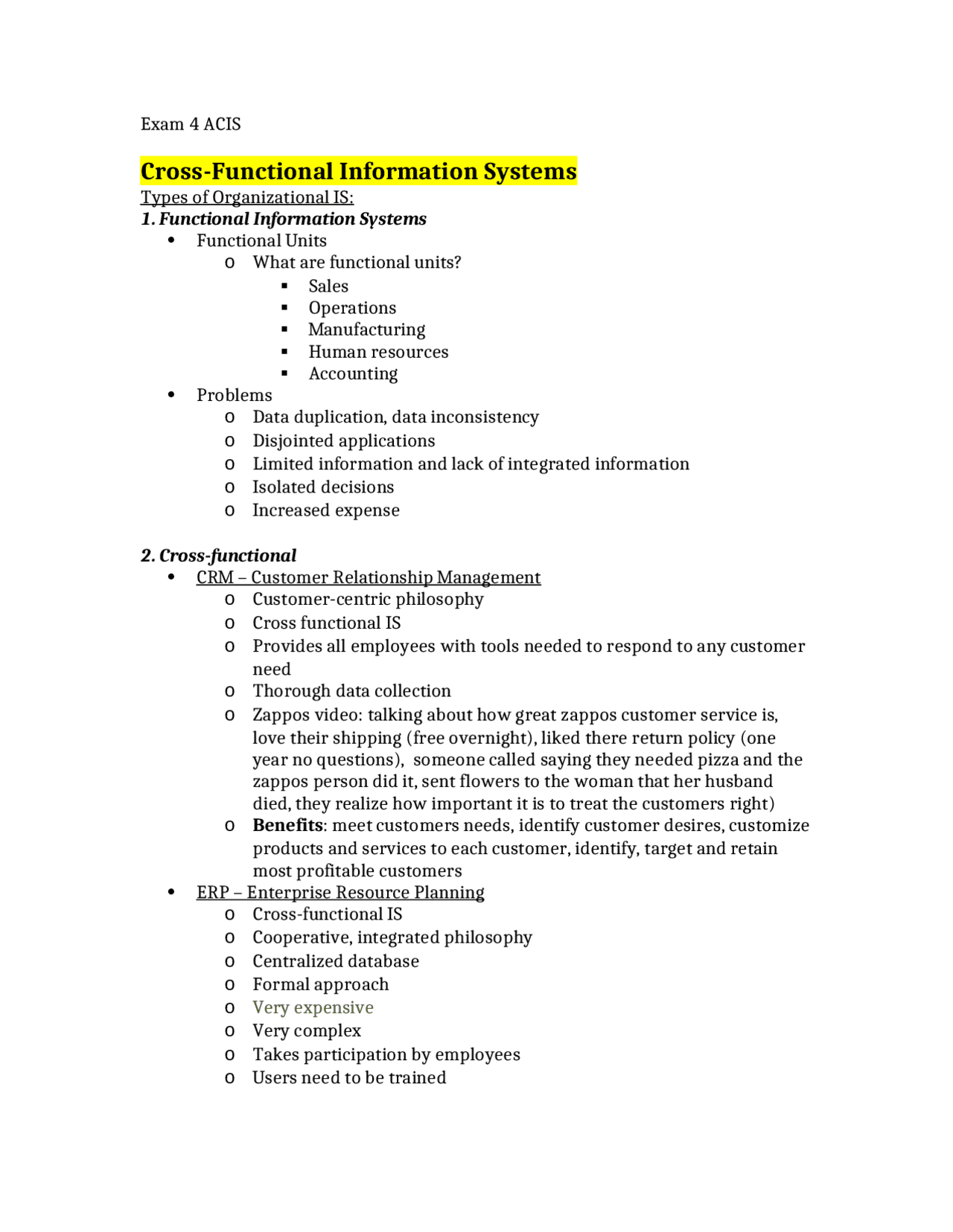 Exam 4 Cross Functional Information System Acis 1504 Docsity