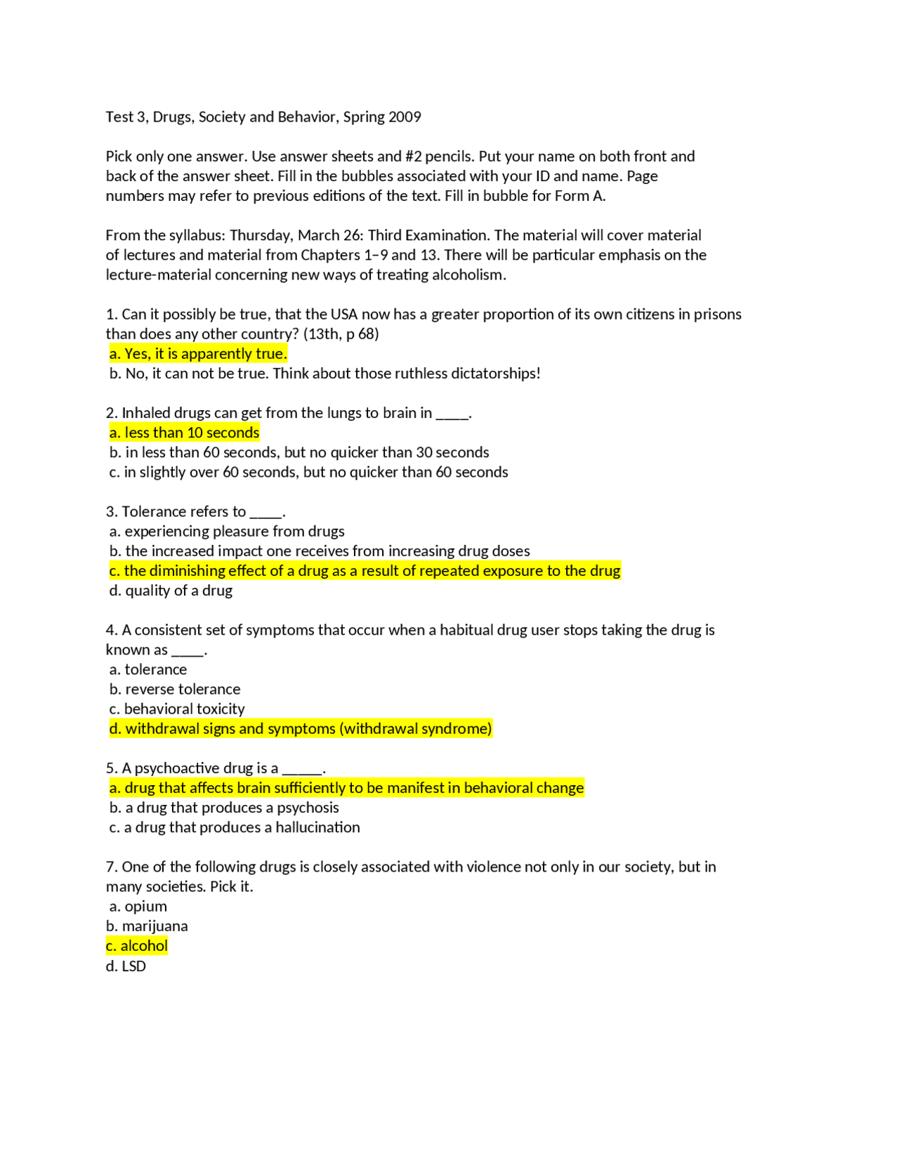80 Mcqs With Answers Key On Drugs Society And Behavior Exam 3 Psyc 4500 Docsity