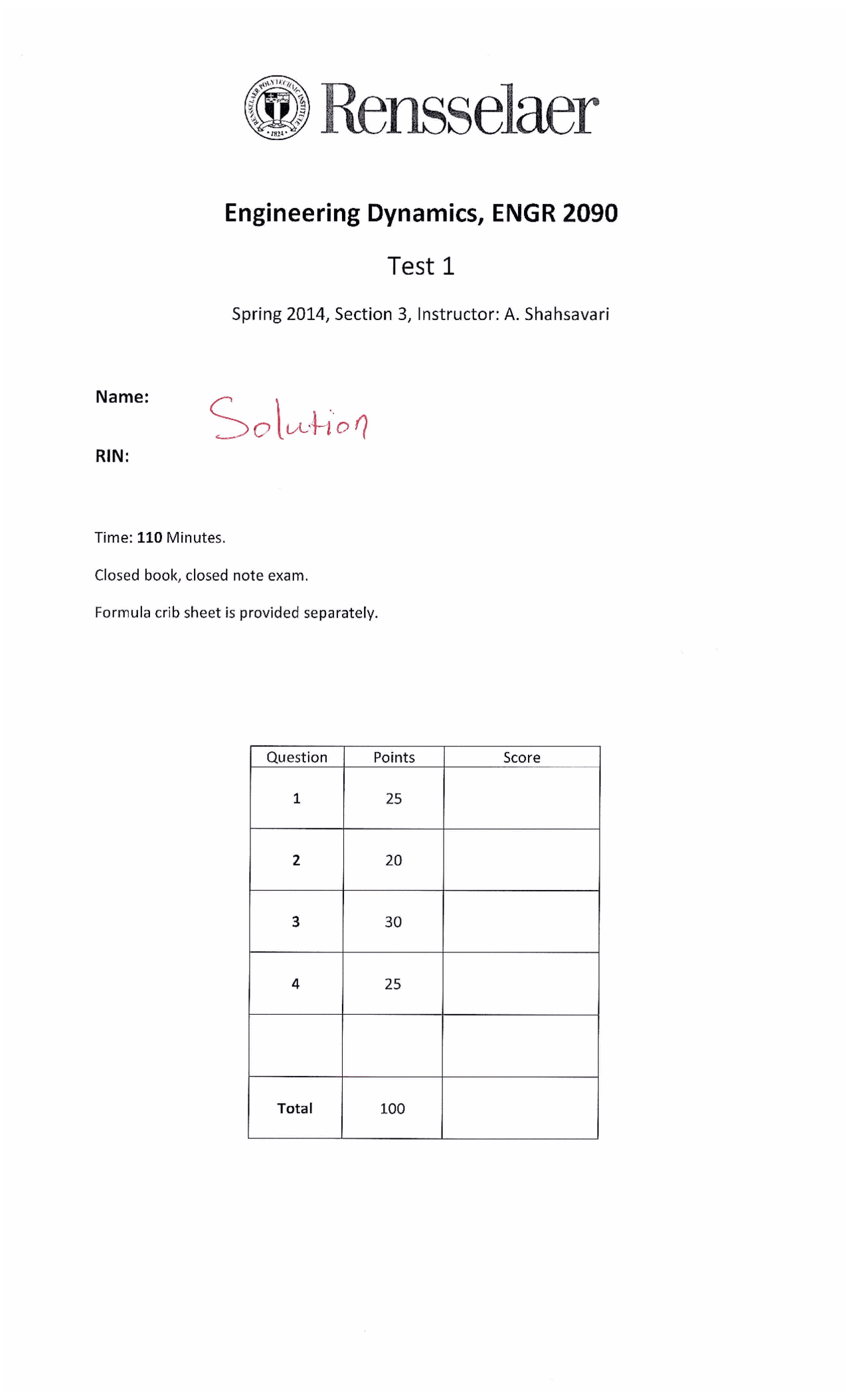 Test 1 With Solution Engineering Dynamics Engr 2090 Docsity