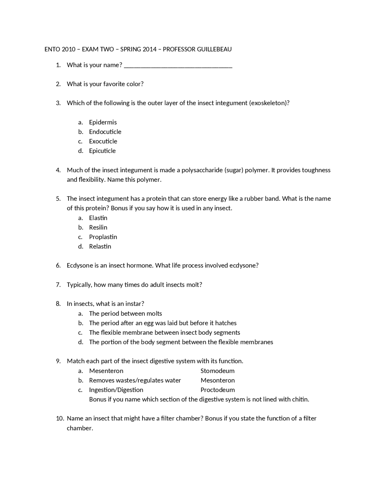 Insects And The Environment Exam 2 Questions Ento 2010 Docsity