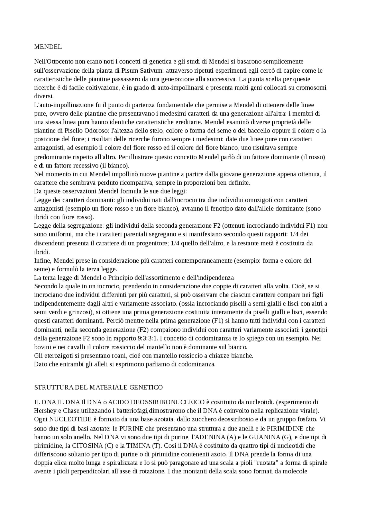 BIOLOGIA MENDEL E DNA - RNA - Docsity