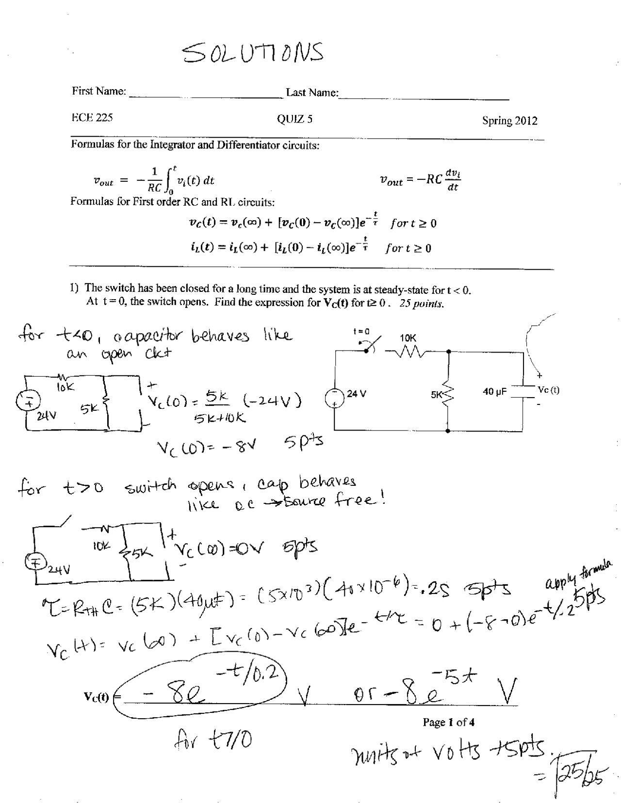 Quiz 5 With Solutions Circuit Analysis Ece 225 Docsity